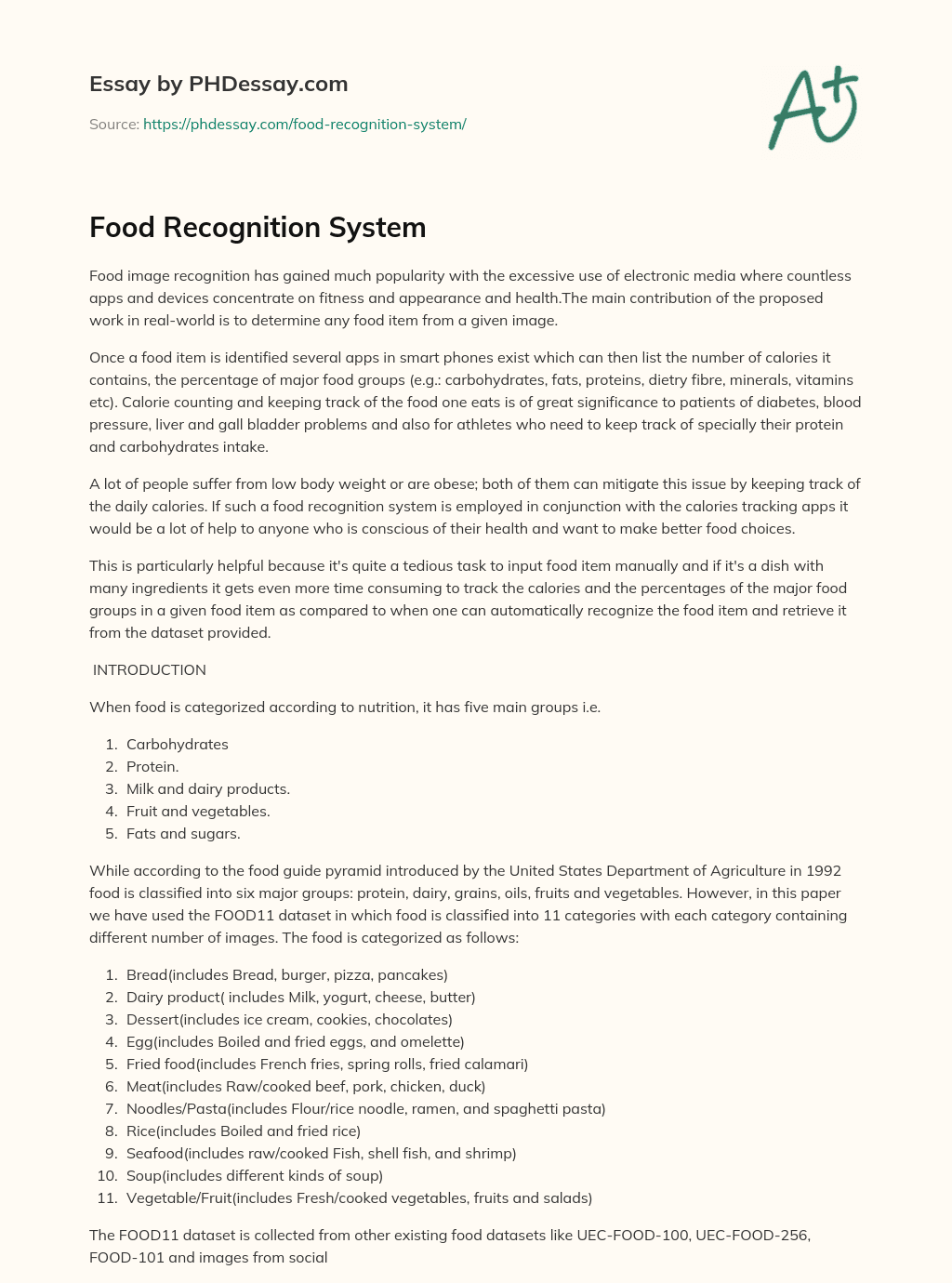 Food Recognition System (500 Words) - PHDessay.com