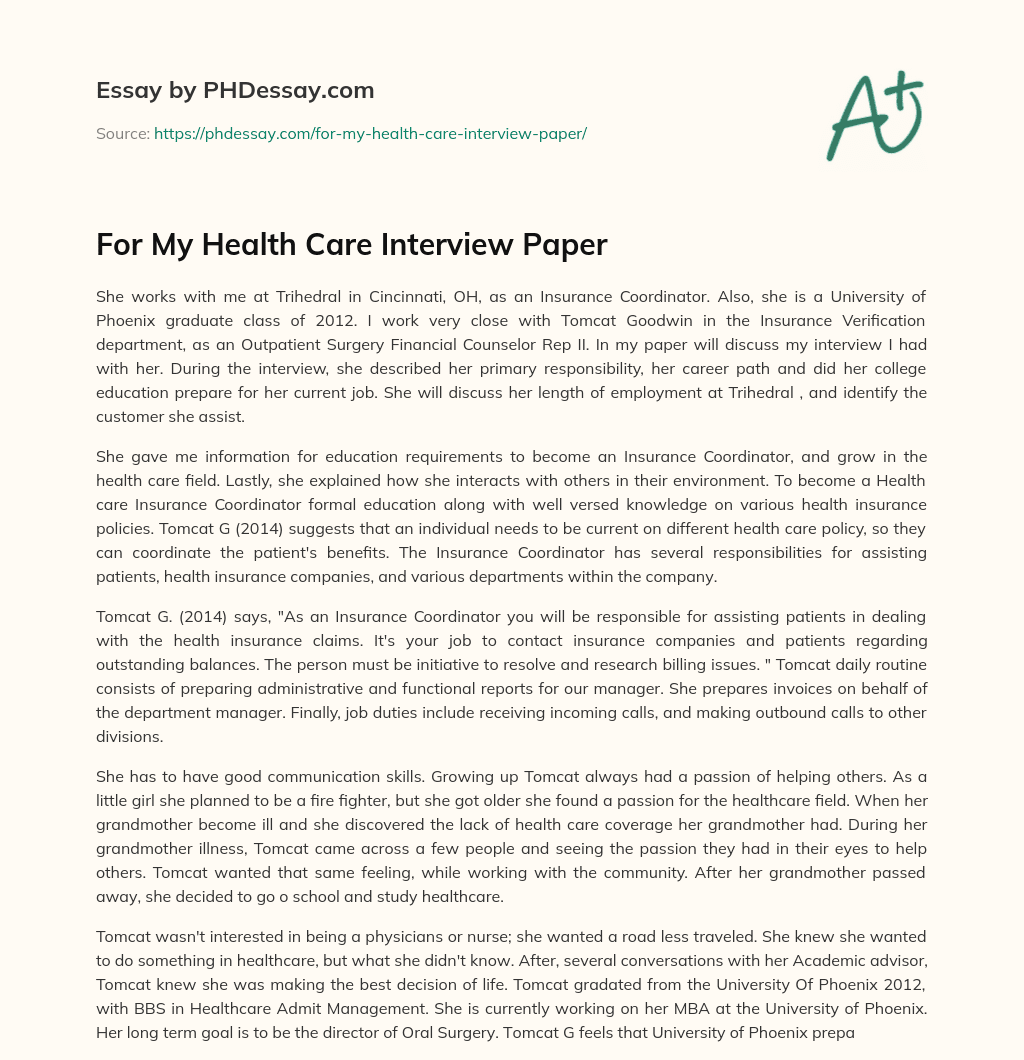 For My Health Care Interview Paper - PHDessay.com