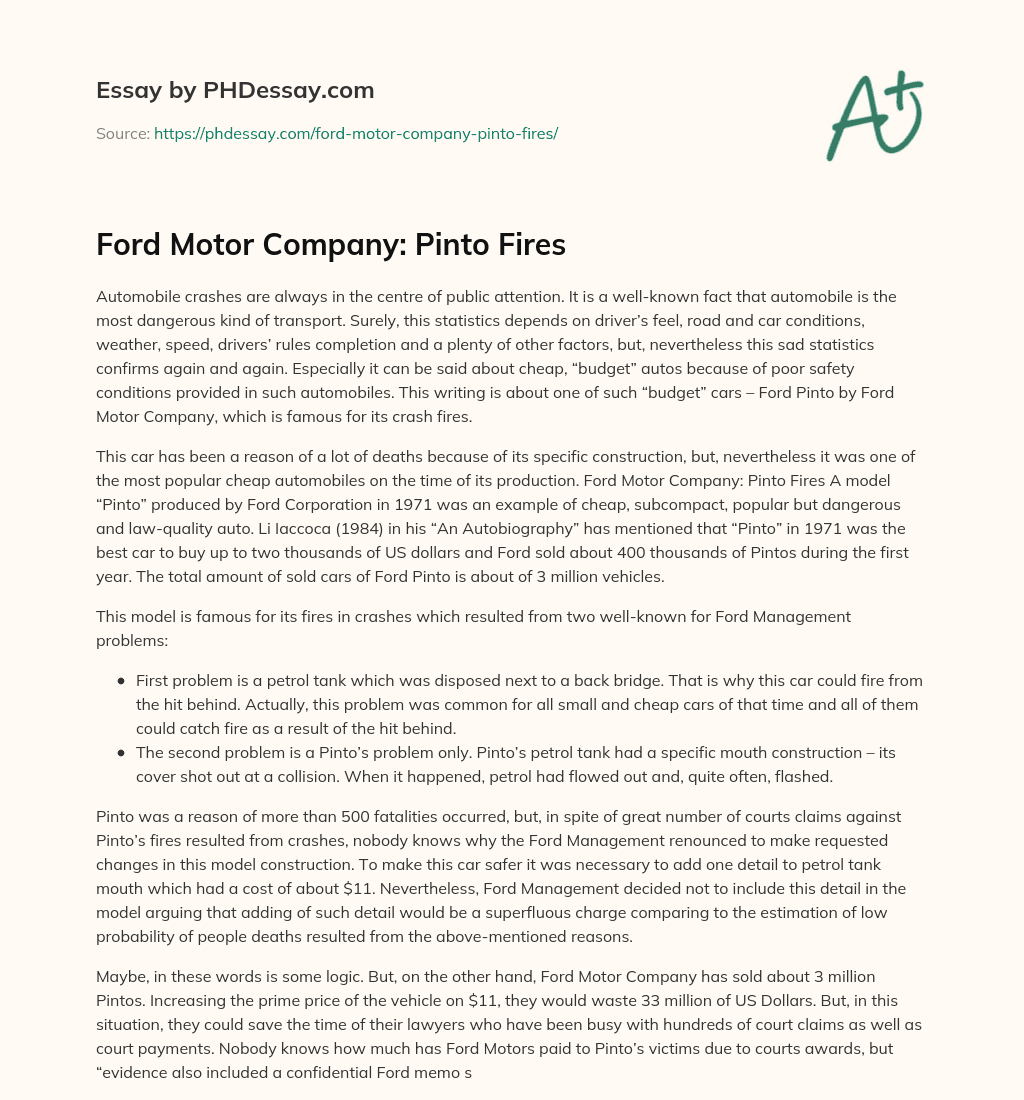Ford Motor Company: Pinto Fires - PHDessay.com