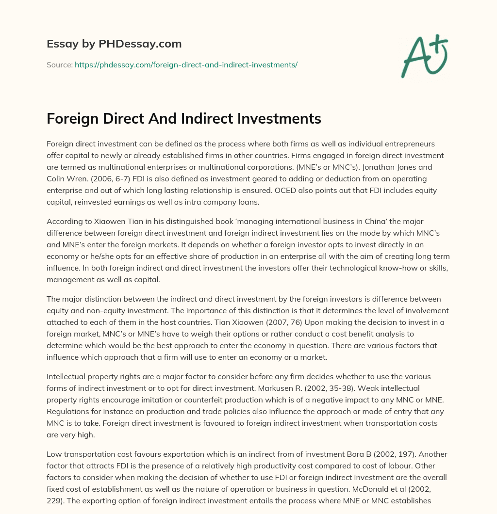 Foreign Direct And Indirect Investments - PHDessay.com