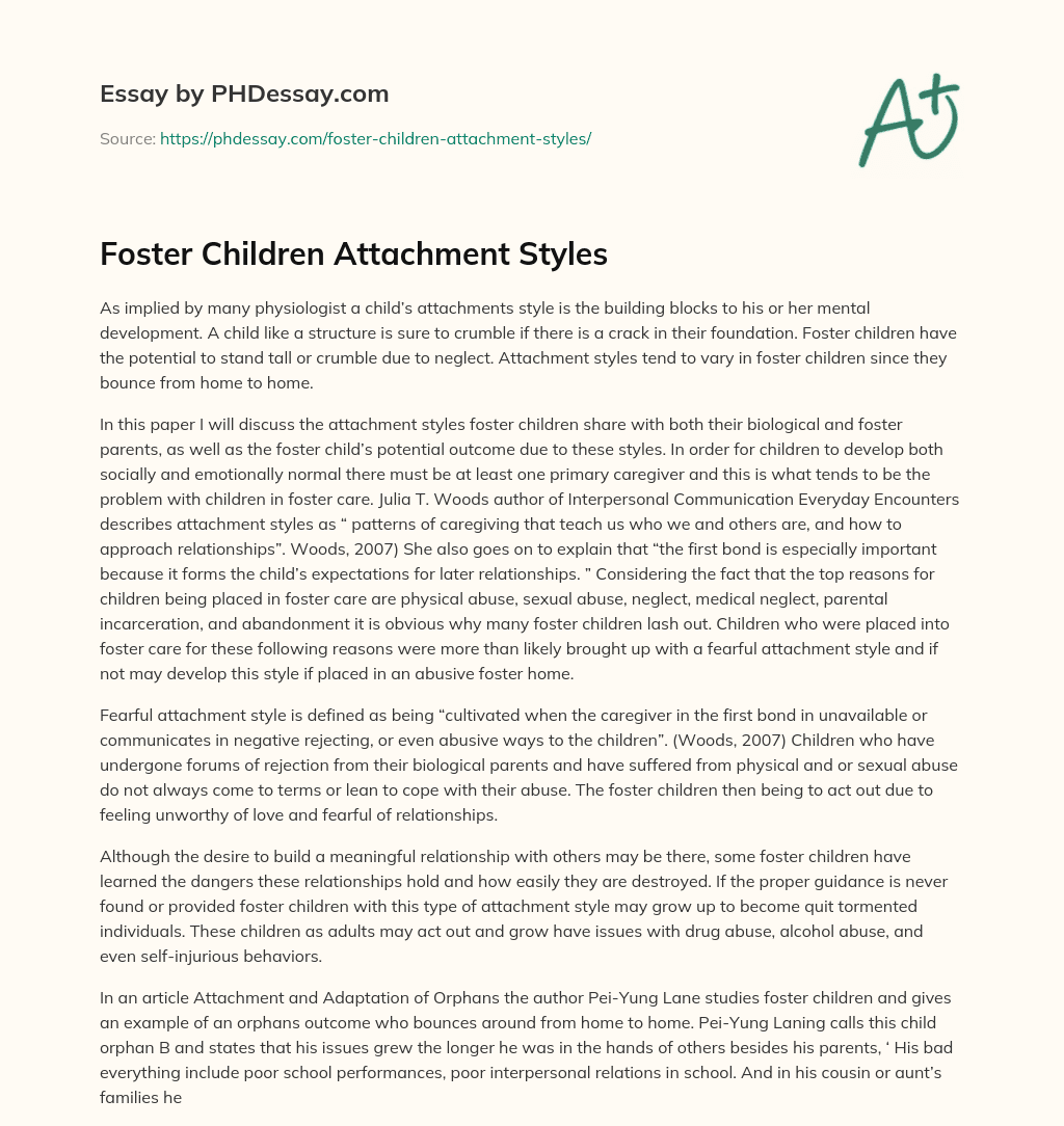 Foster Children Attachment Styles - PHDessay.com