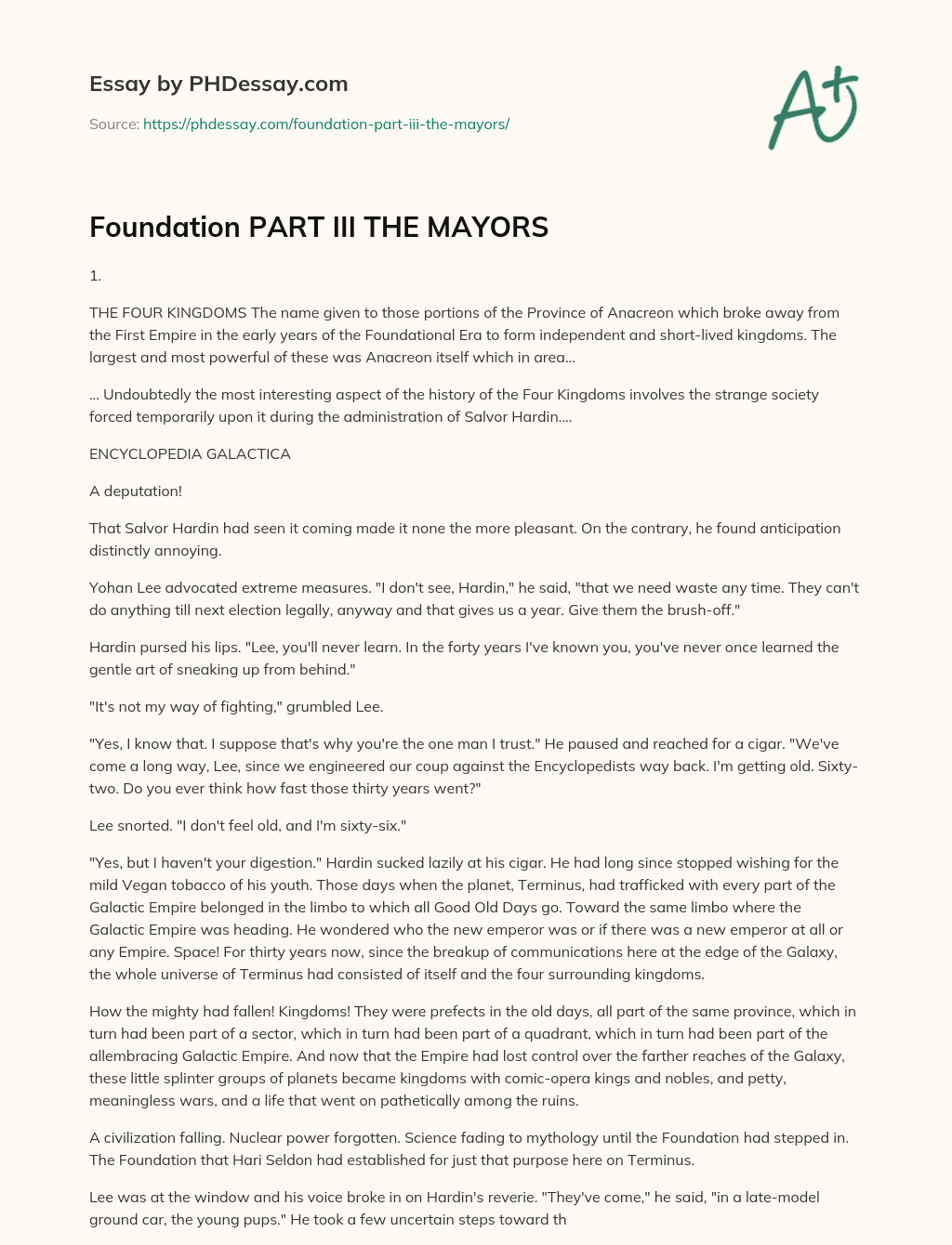 Foundation PART III THE MAYORS - PHDessay.com