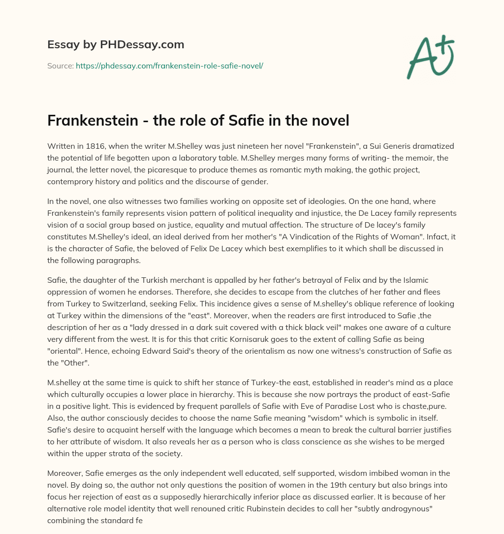 Frankenstein - the role of Safie in the novel (600 Words) - PHDessay.com