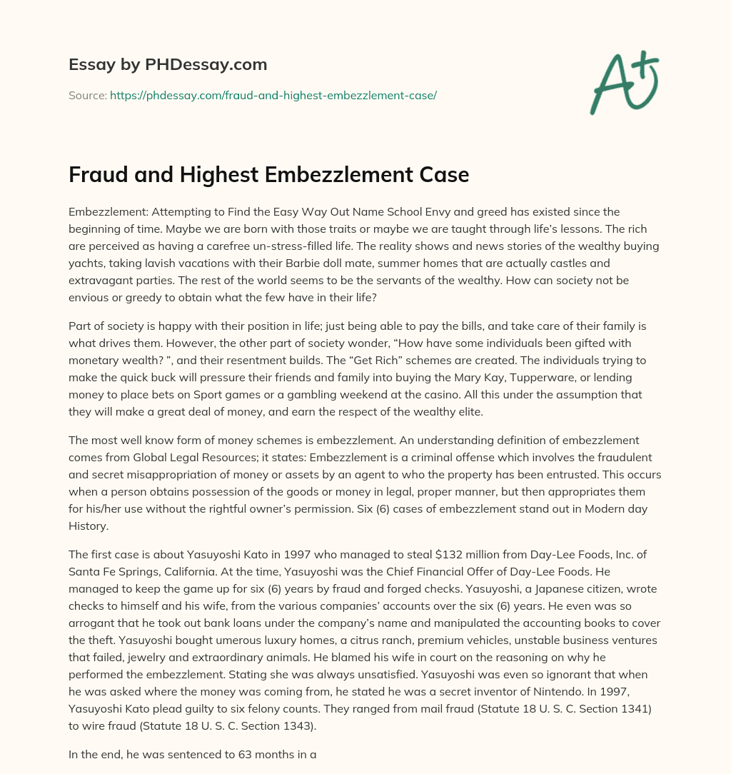 Fraud And Highest Embezzlement Case Essay Example - PHDessay.com