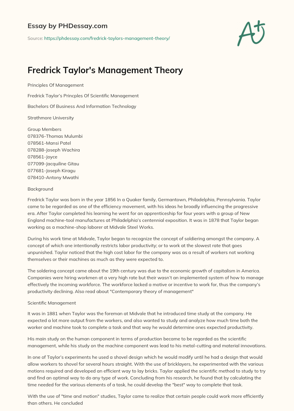 Fredrick Taylor's Management Theory - PHDessay.com