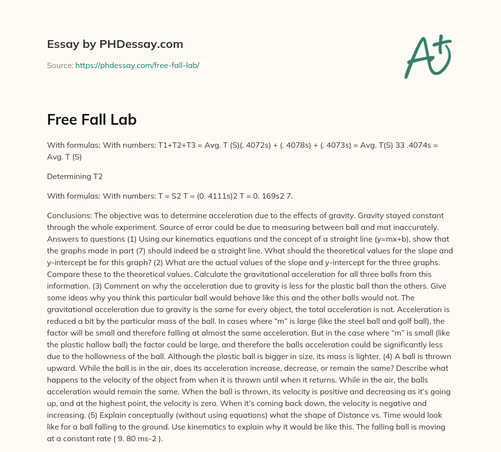 Free Fall Lab (400 Words) - PHDessay.com