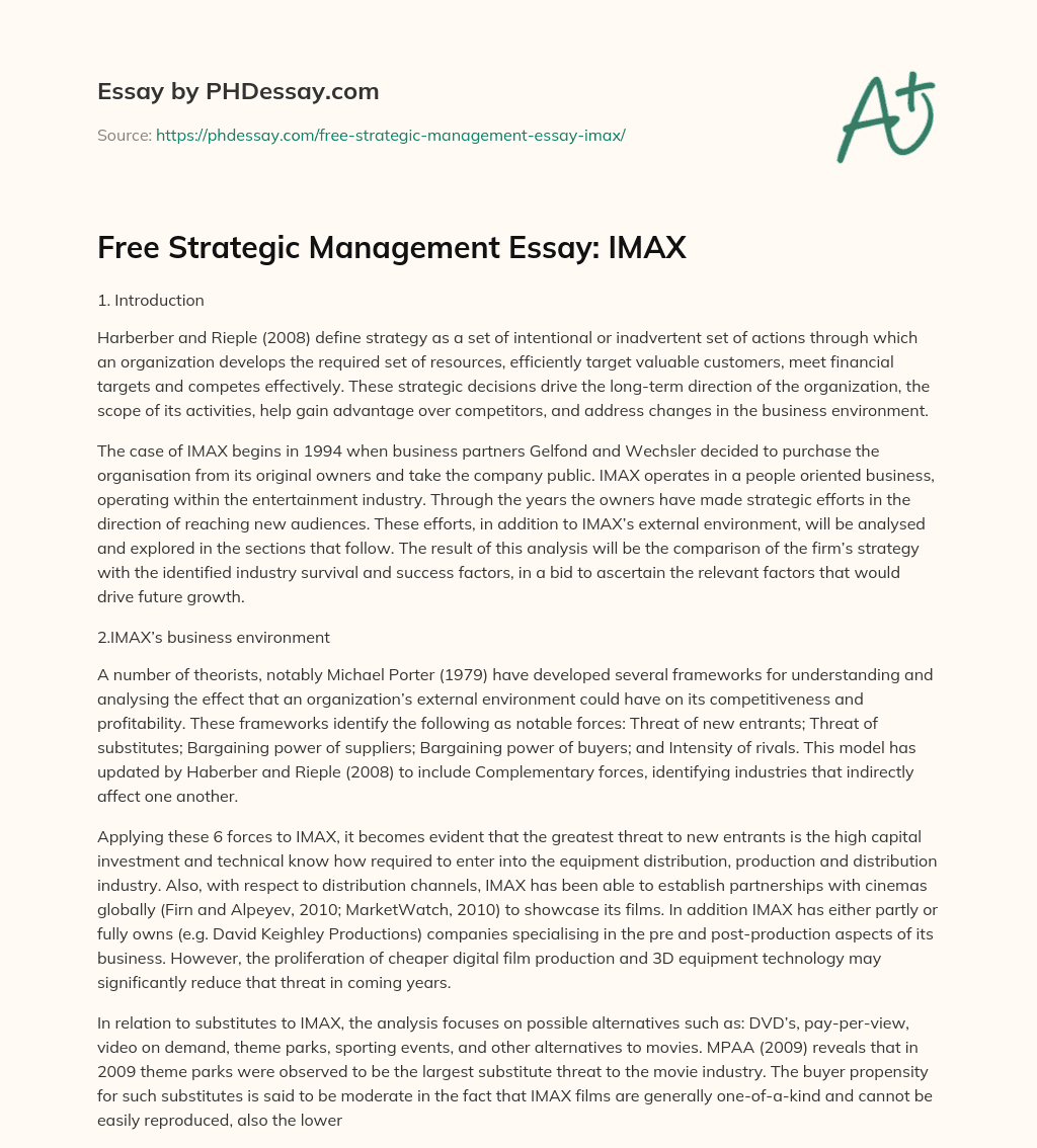 Free Strategic Management Essay: IMAX - PHDessay.com
