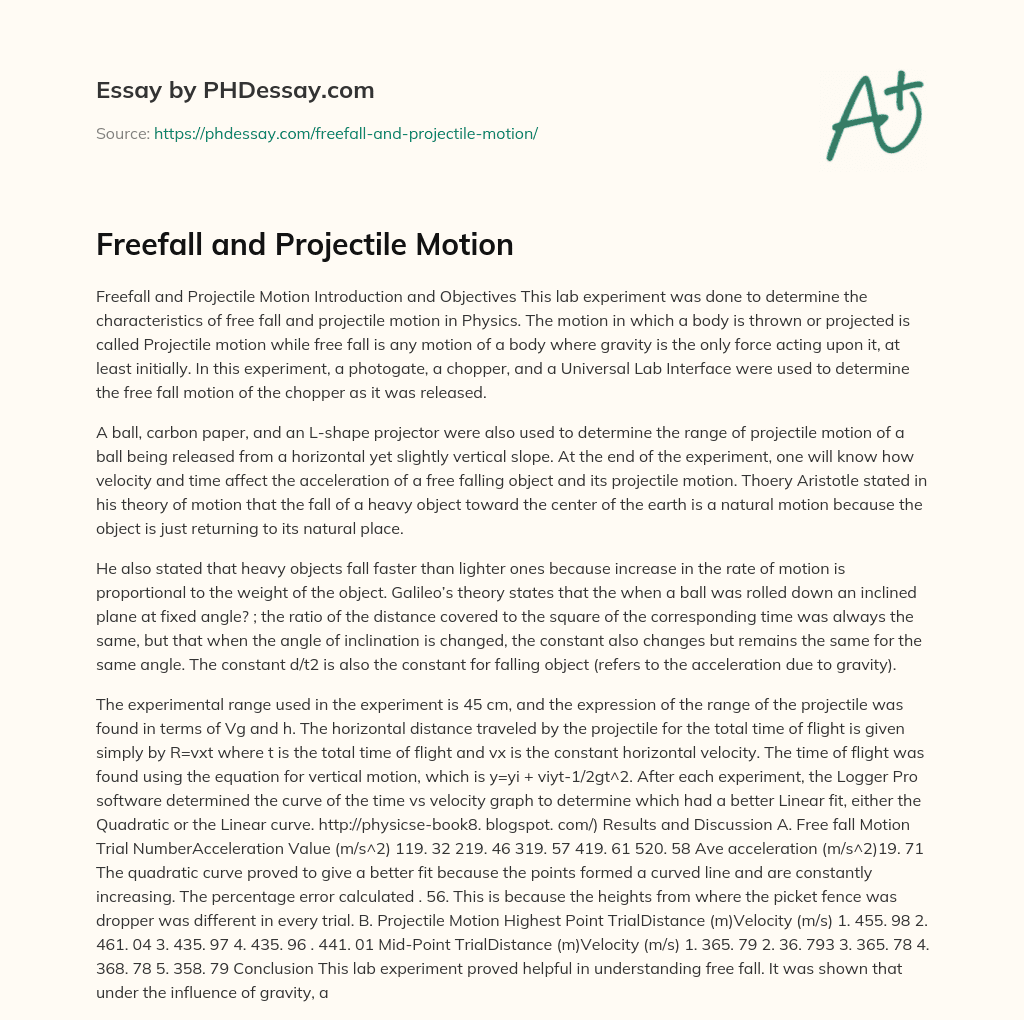 Freefall And Projectile Motion Report Essay Example - PHDessay.com