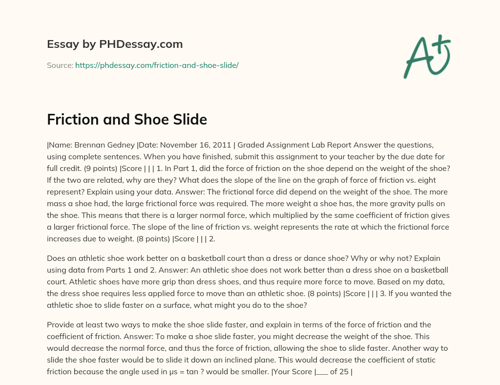 Friction and Shoe Slide (400 Words) - PHDessay.com