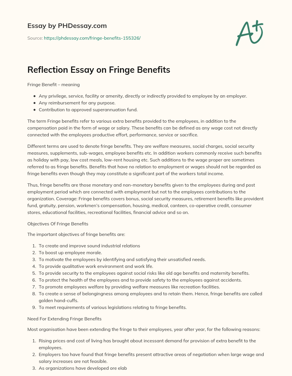 Reflection Essay On Fringe Benefits Reflective Example - PHDessay.com