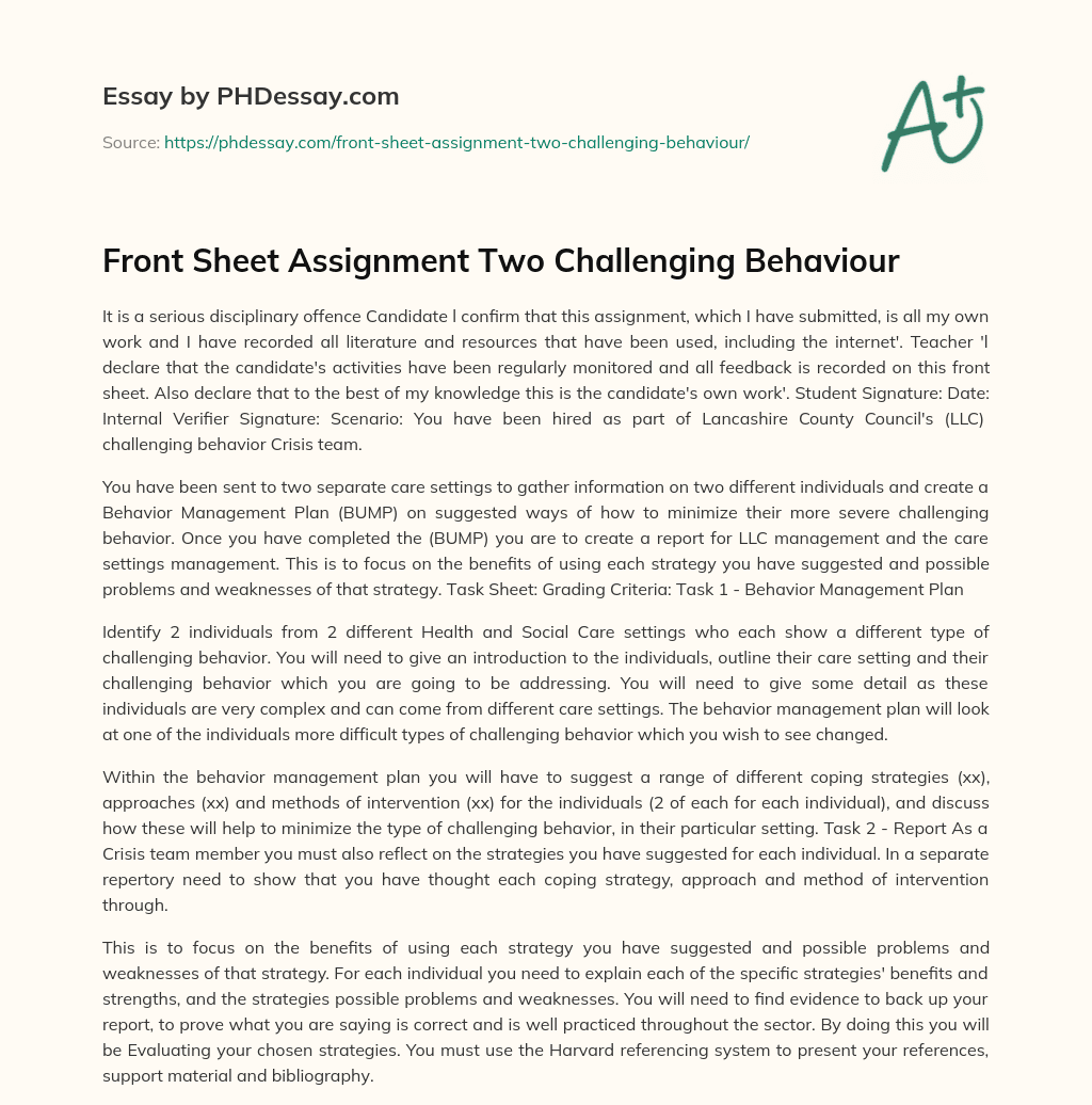 Front Sheet Assignment Two Challenging Behaviour (500 Words) - PHDessay.com