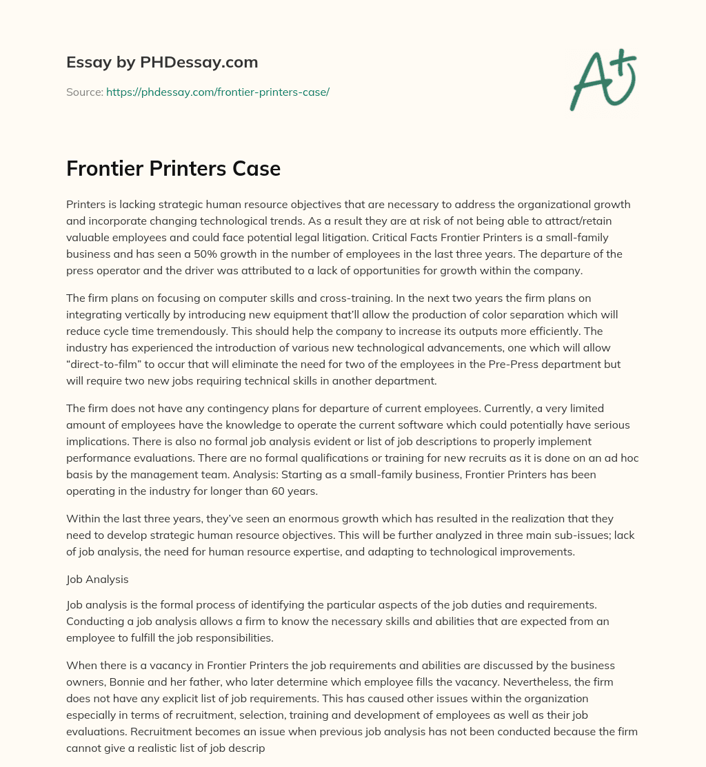Frontier Printers Case - PHDessay.com
