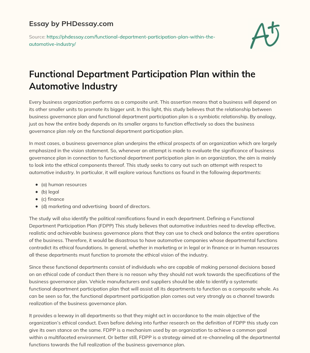 Functional Department Participation Plan within the Automotive Industry ...