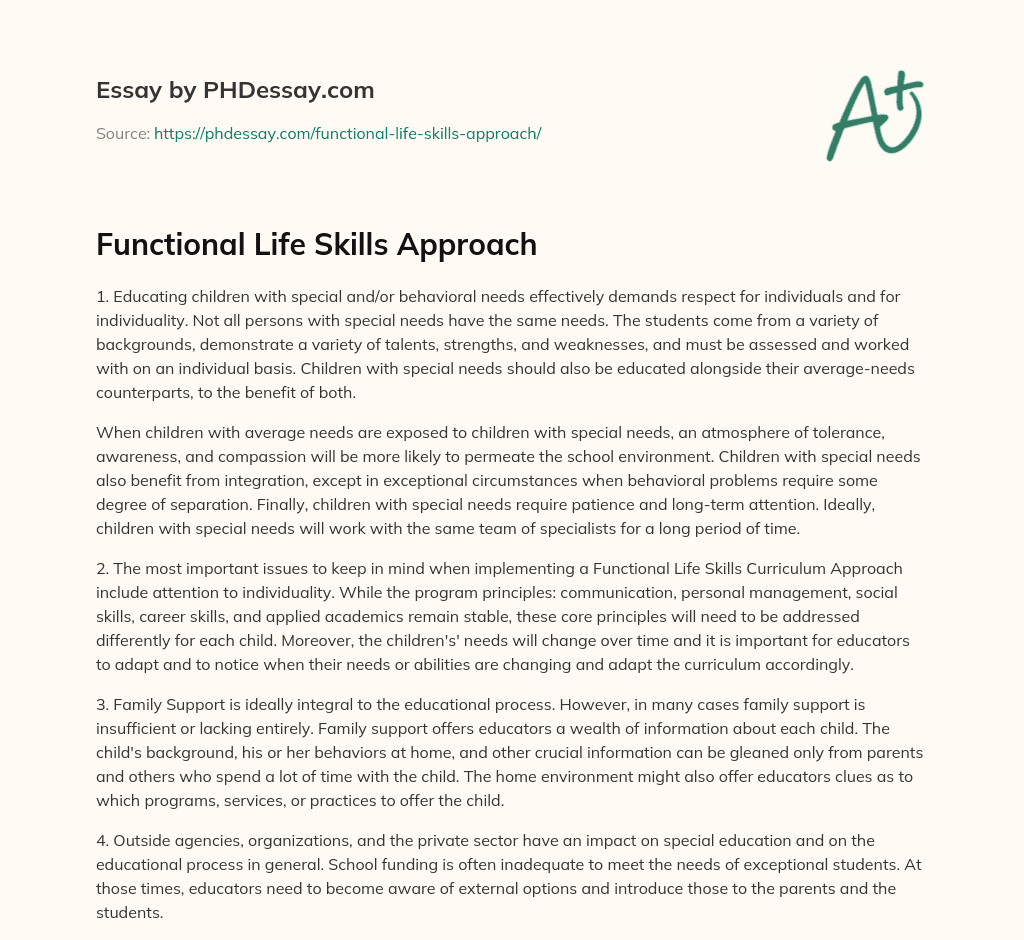 Functional Life Skills Approach (400 Words) - PHDessay.com