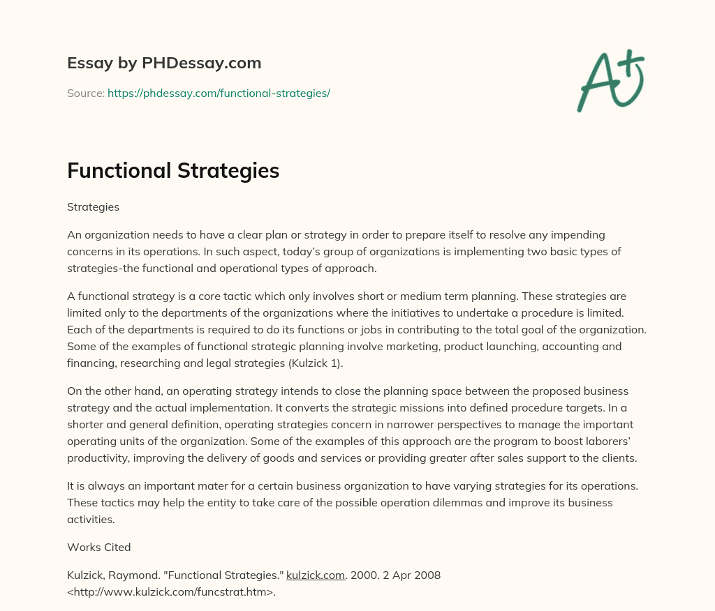 Functional Strategies Definition Example (300 Words) - PHDessay.com
