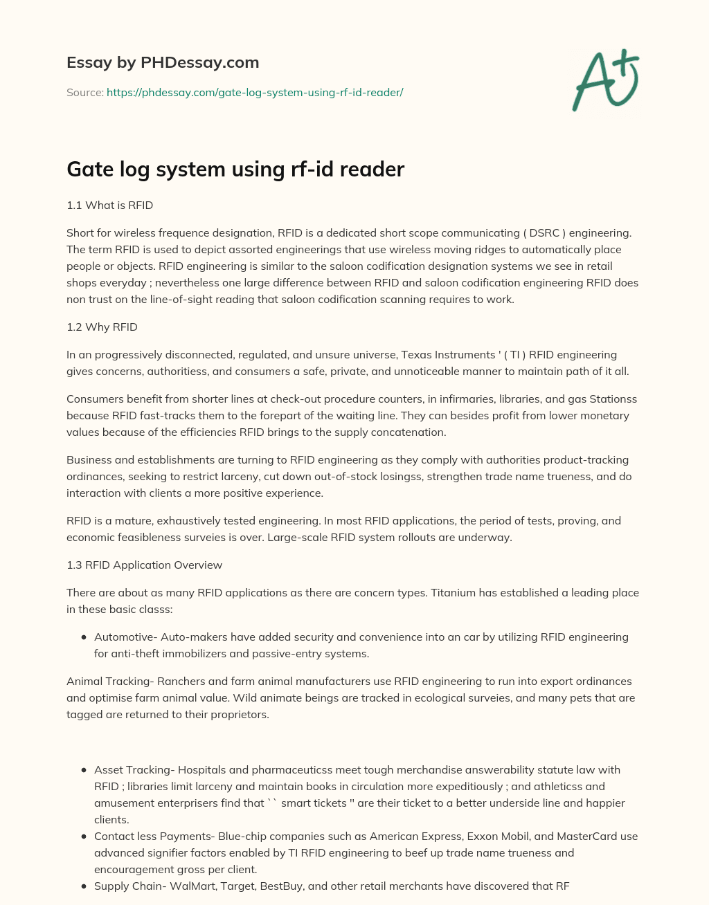 Gate log system using rf-id reader - PHDessay.com