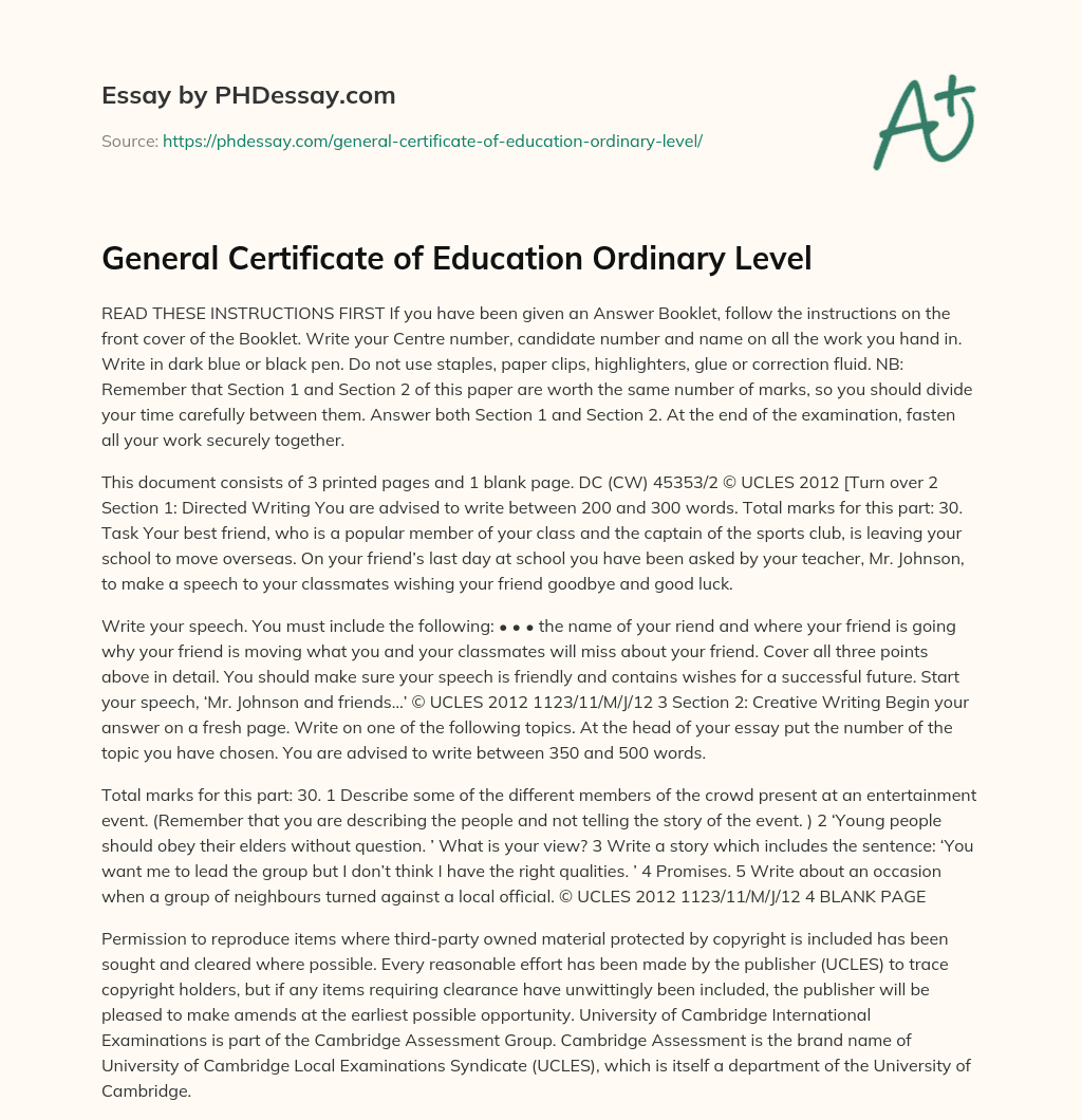 General Certificate of Education Ordinary Level (500 Words) - PHDessay.com