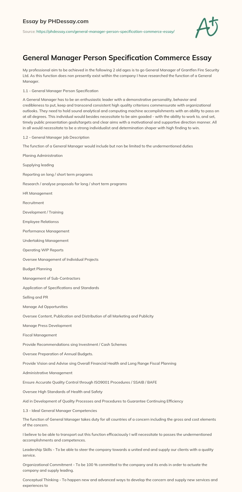 General Manager Person Specification Commerce Essay - PHDessay.com