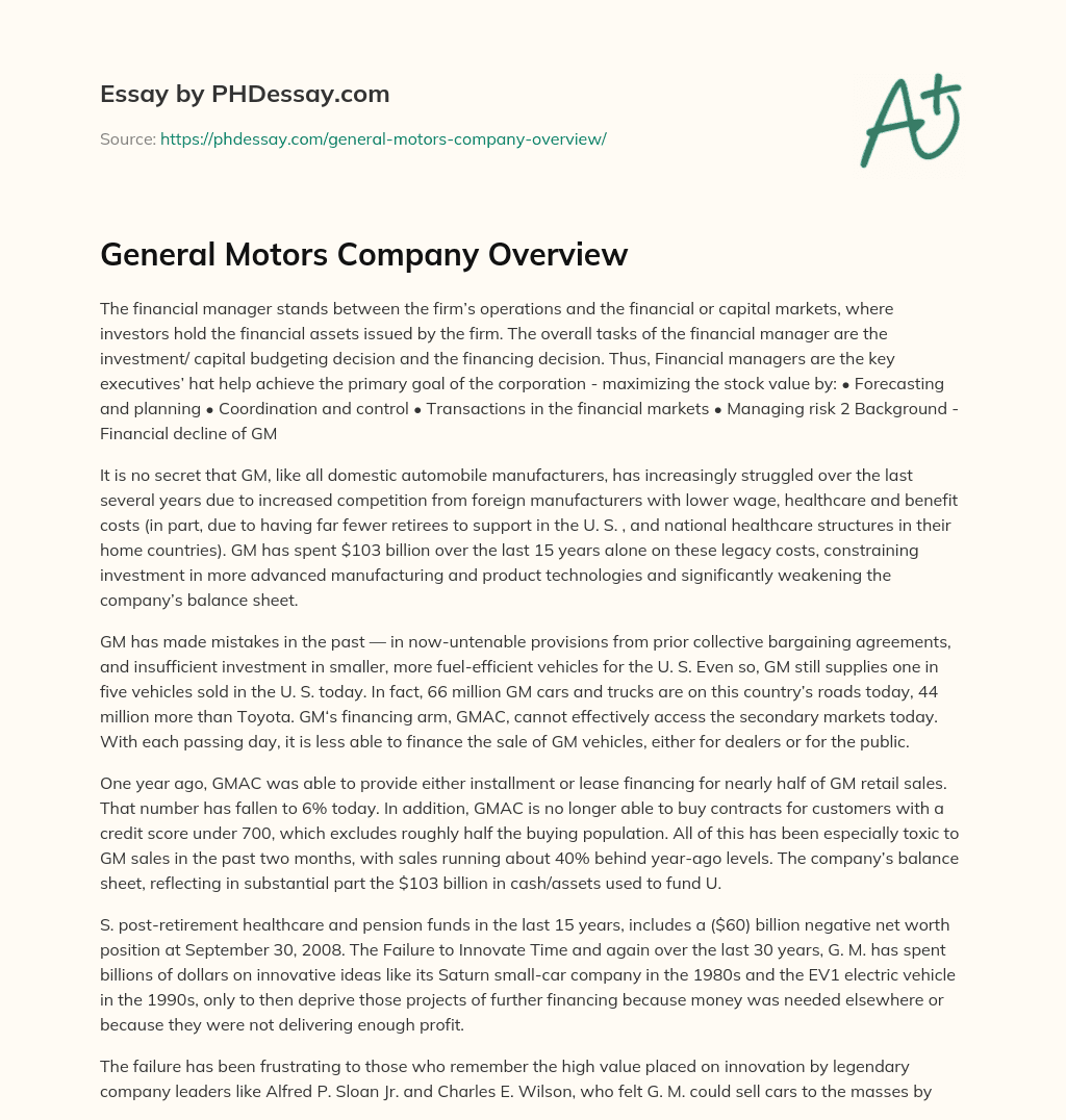 General Motors Company Overview - PHDessay.com