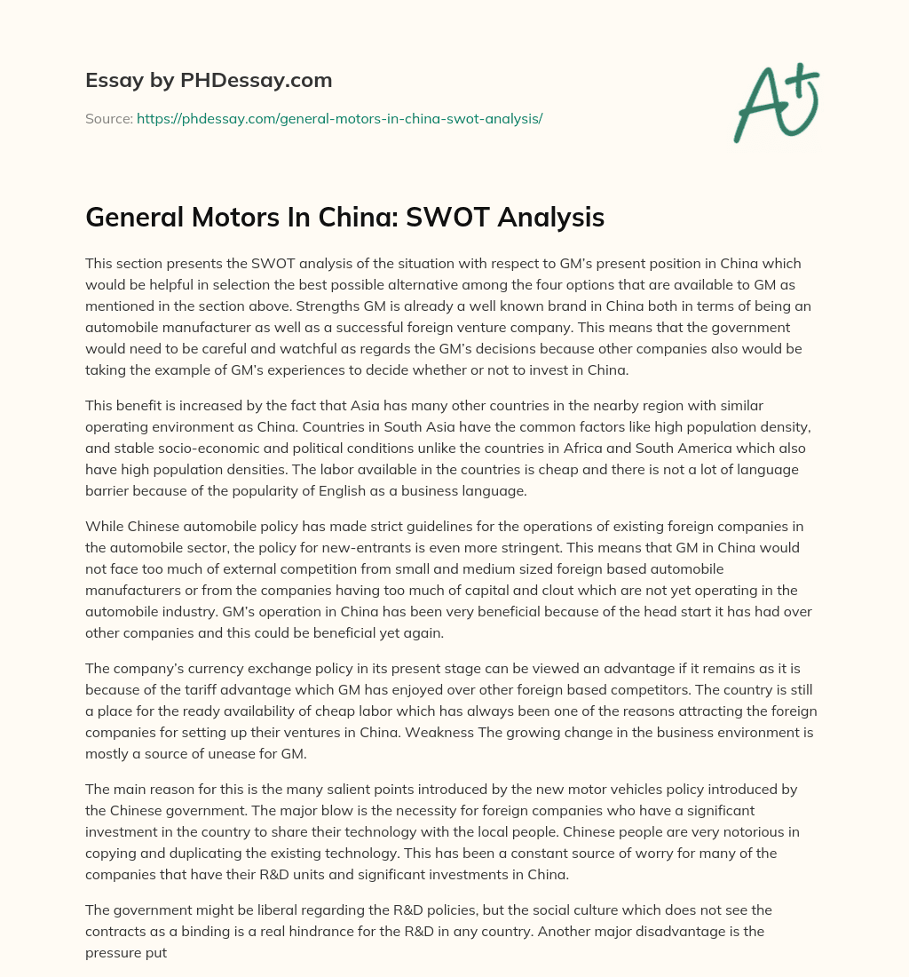 General Motors In China: SWOT Analysis - PHDessay.com