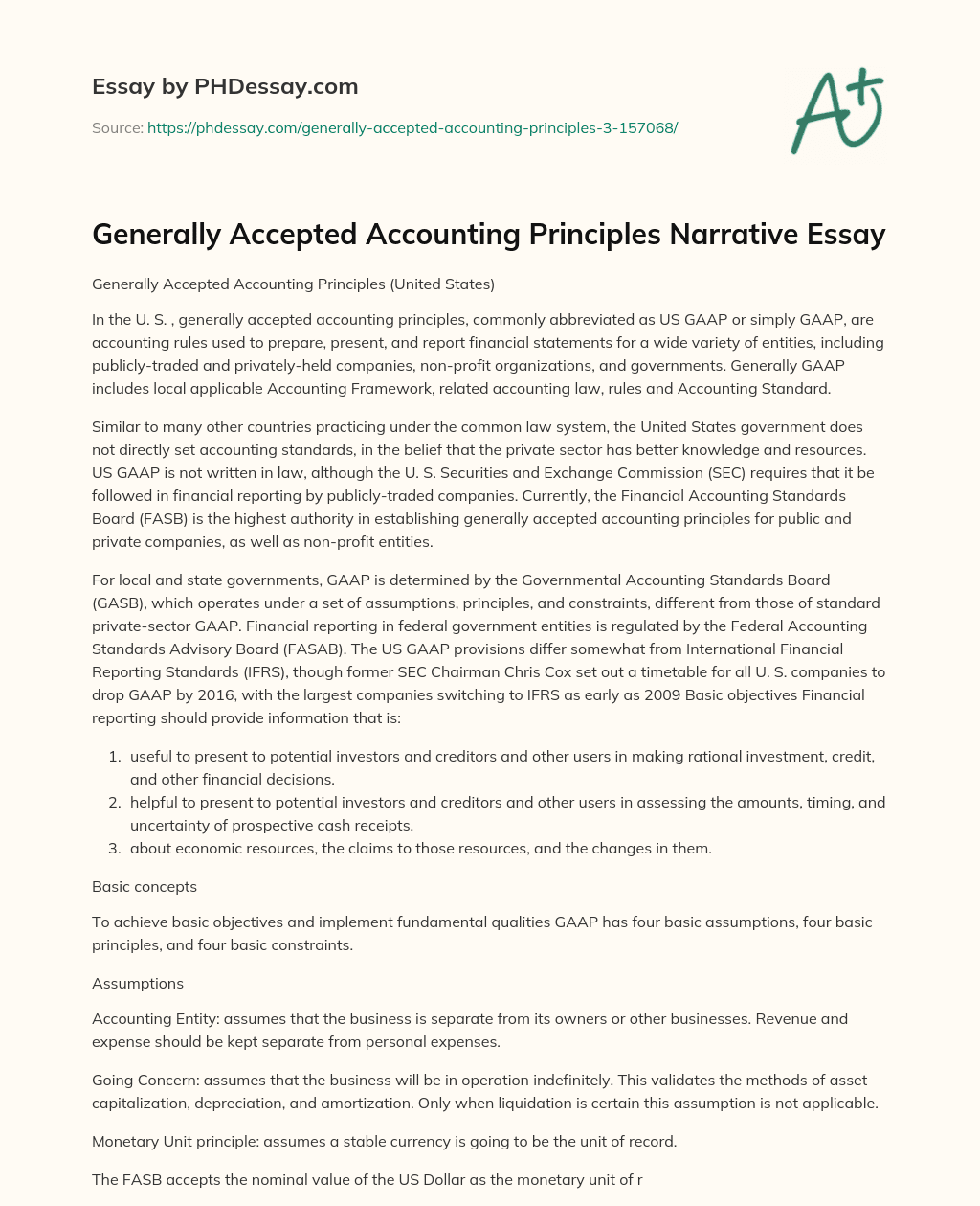 Generally Accepted Accounting Principles Narrative Essay - PHDessay.com