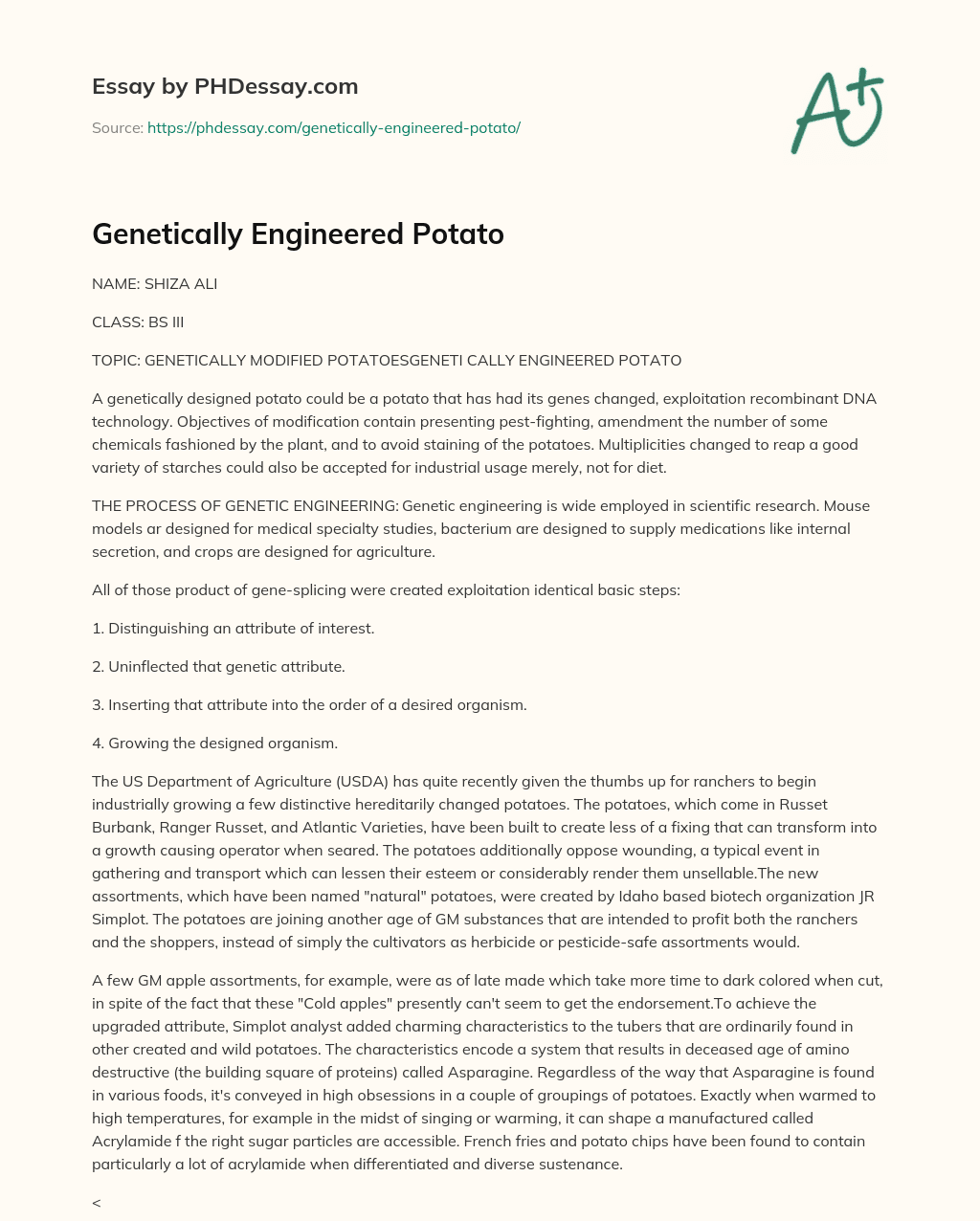 Genetically Engineered Potato (600 Words) - PHDessay.com