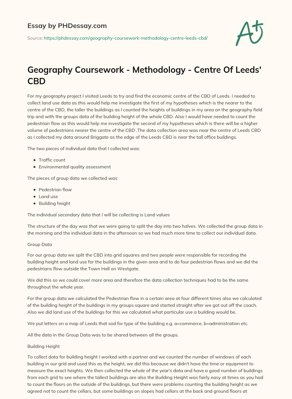 Geography Coursework - Methodology - Centre Of Leeds' CBD - PHDessay.com
