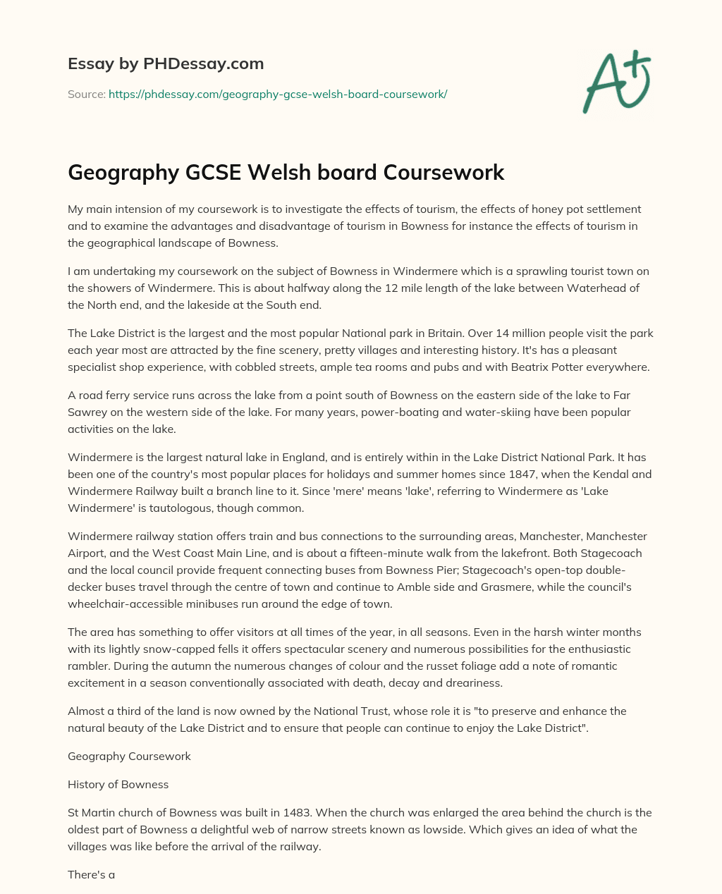 Geography GCSE Welsh board Coursework - PHDessay.com