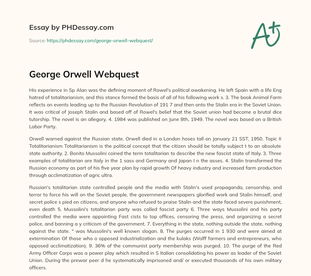 George Orwell Webquest (400 Words) - PHDessay.com