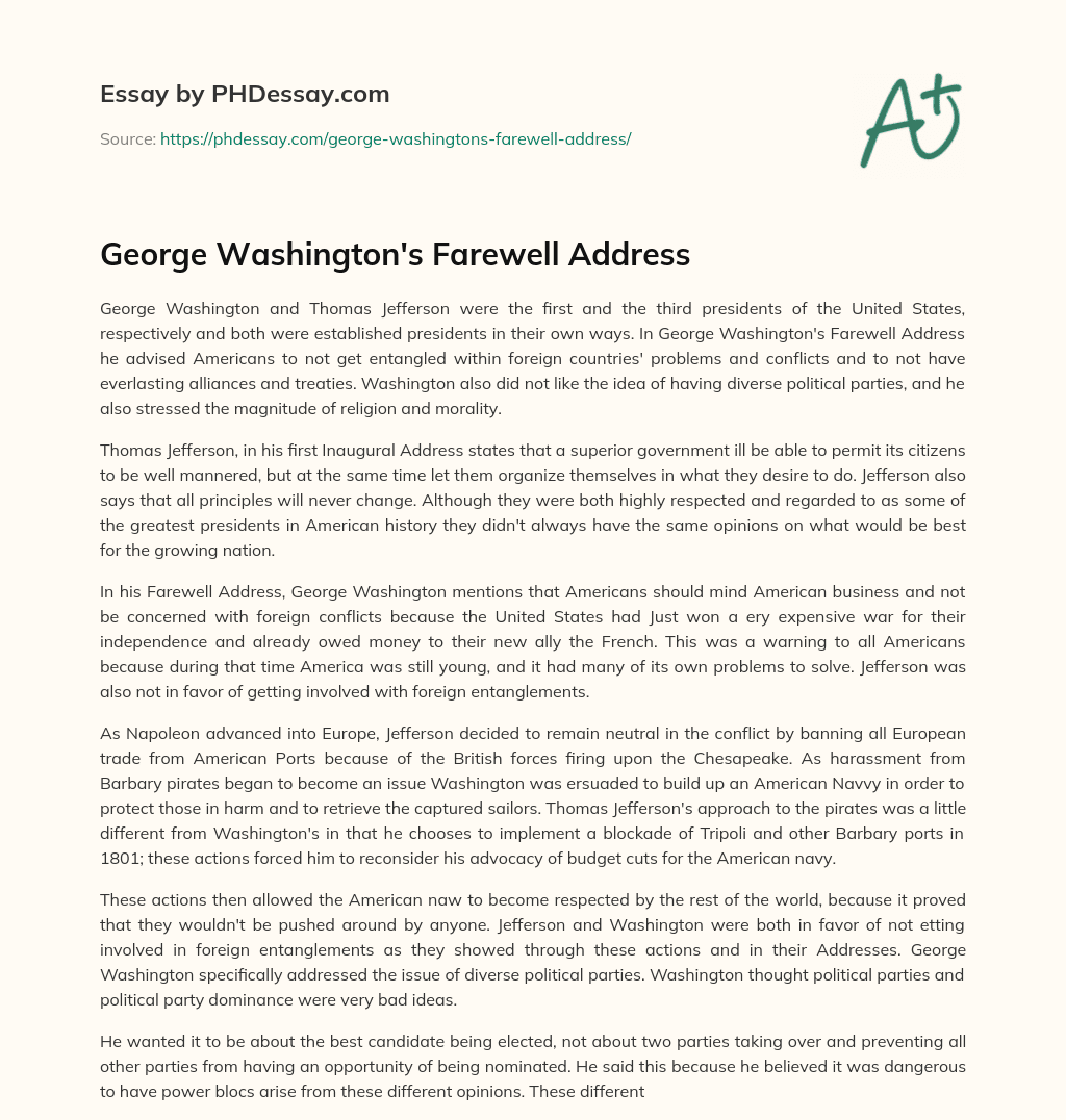 George Washington's Farewell Address - PHDessay.com