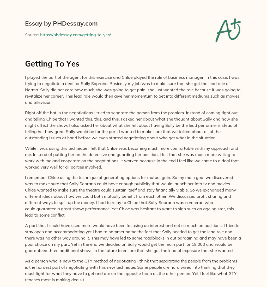 Getting To Yes (600 Words) - PHDessay.com