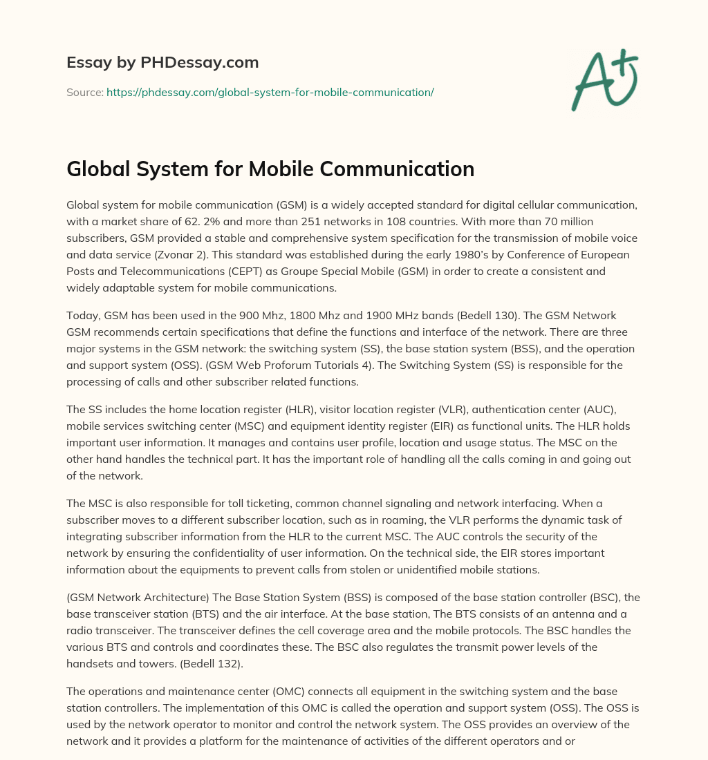 Global System for Mobile Communication (600 Words) - PHDessay.com