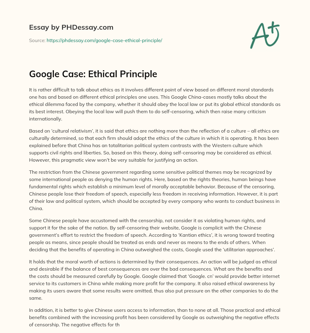 Google Case: Ethical Principle - PHDessay.com