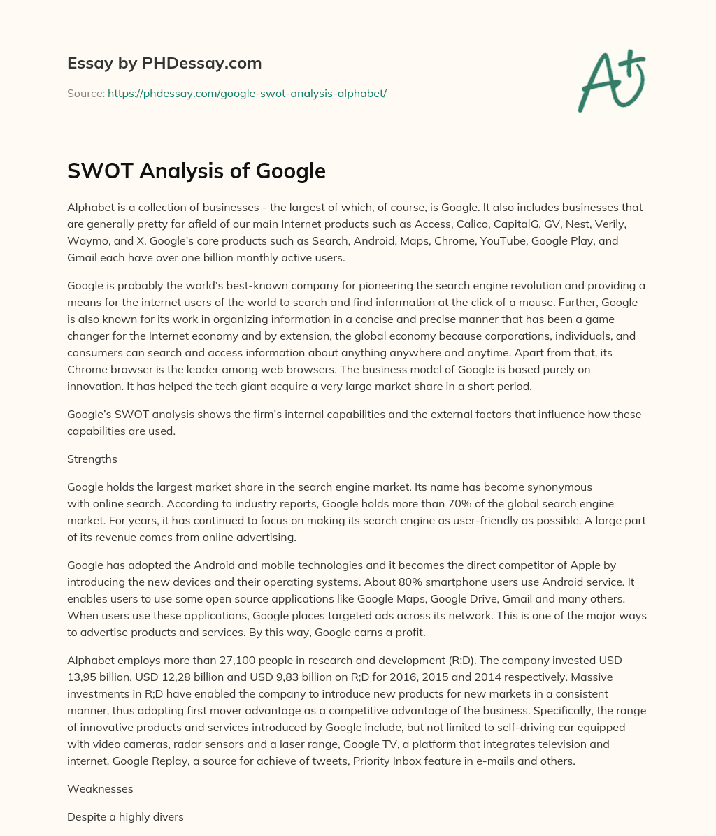 Swot Analysis Of Google Essay Example - PHDessay.com