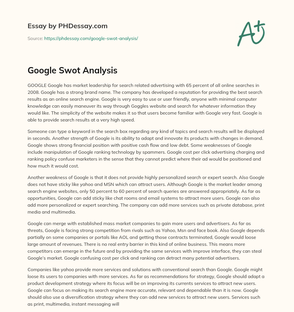 Google Swot Analysis (500 Words) - PHDessay.com