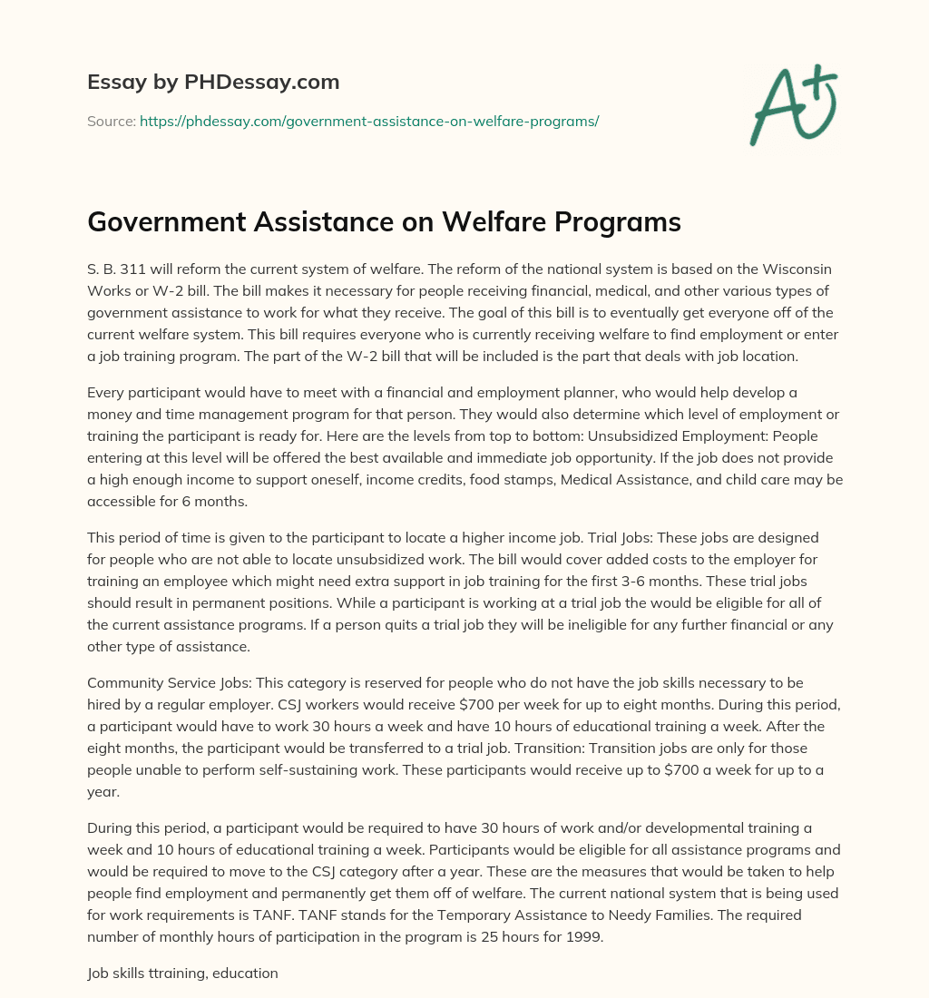 Government Assistance on Welfare Programs - PHDessay.com