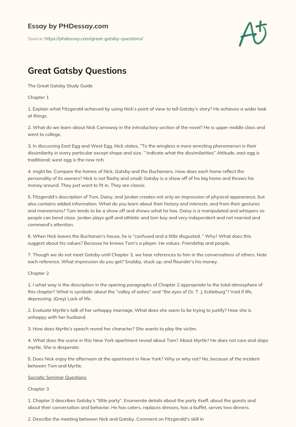 Great Gatsby Questions - PHDessay.com