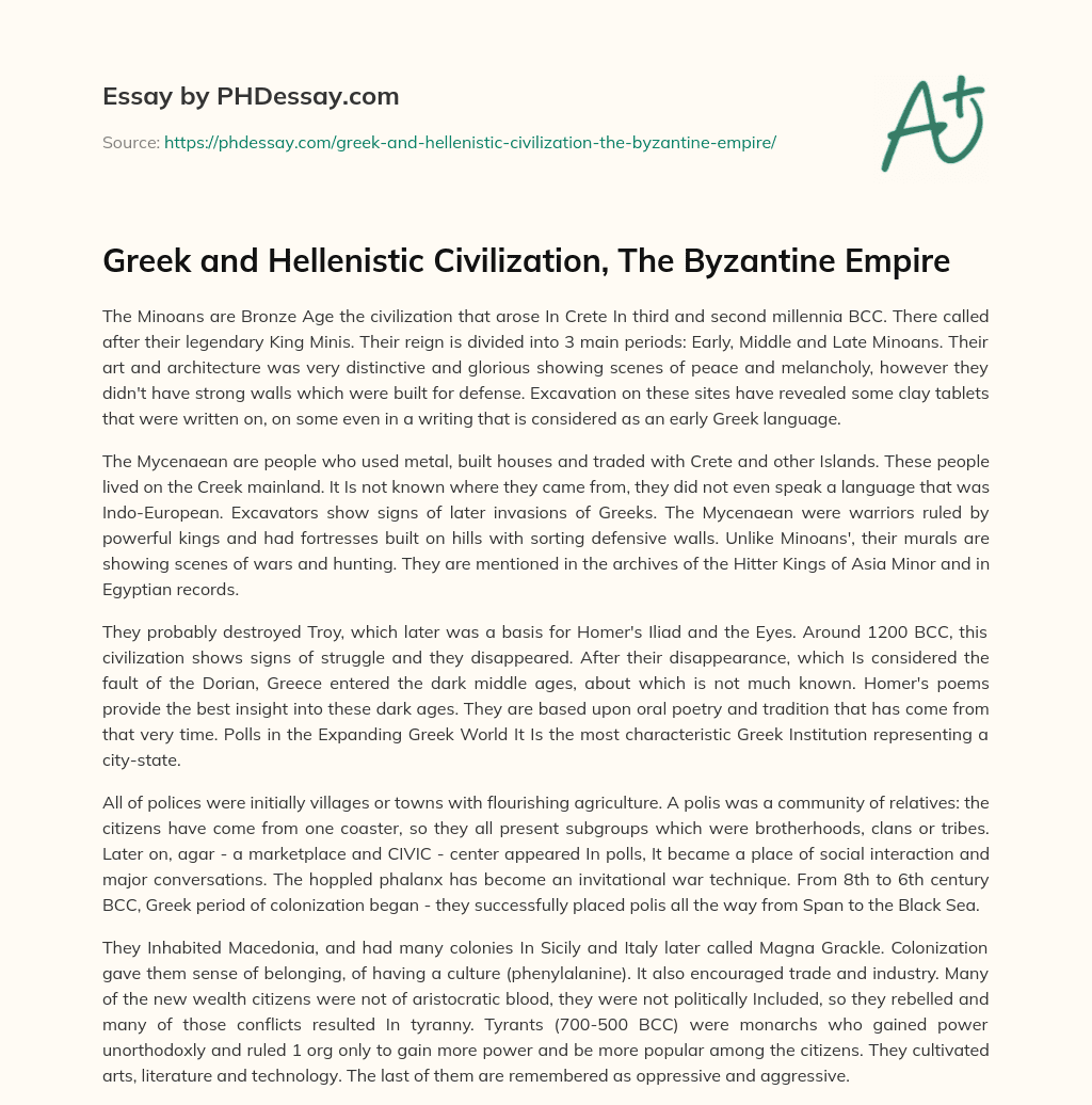 Greek and Hellenistic Civilization, The Byzantine Empire - PHDessay.com