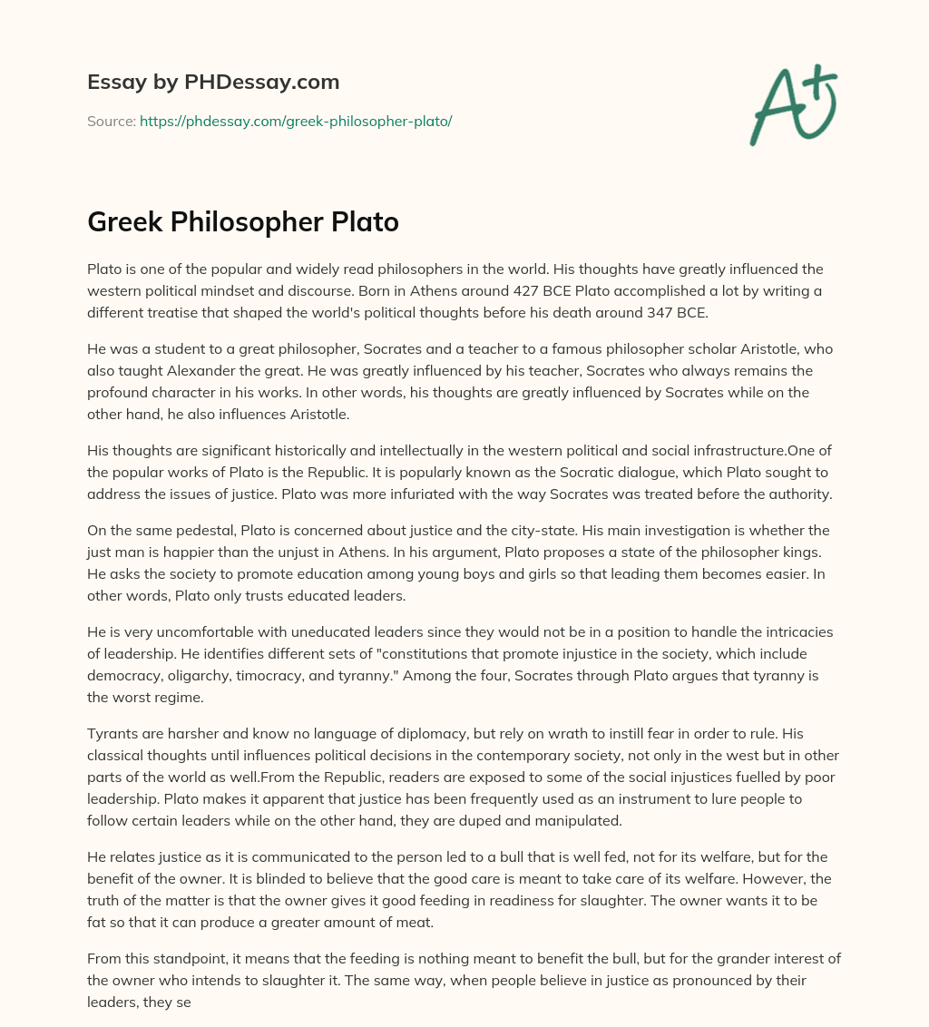 Greek Philosopher Plato (500 Words) - PHDessay.com