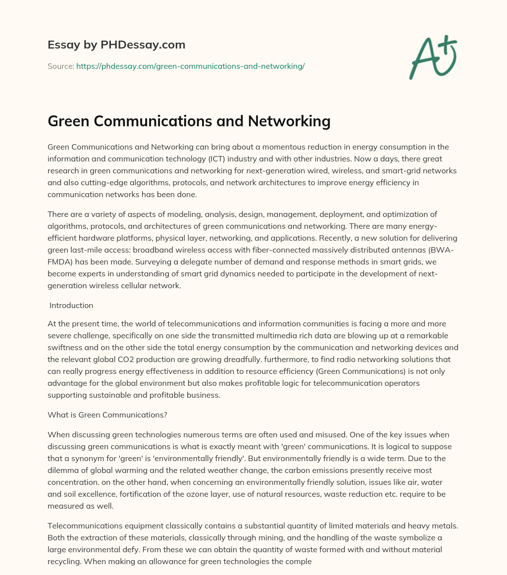 Green Communications and Networking - PHDessay.com