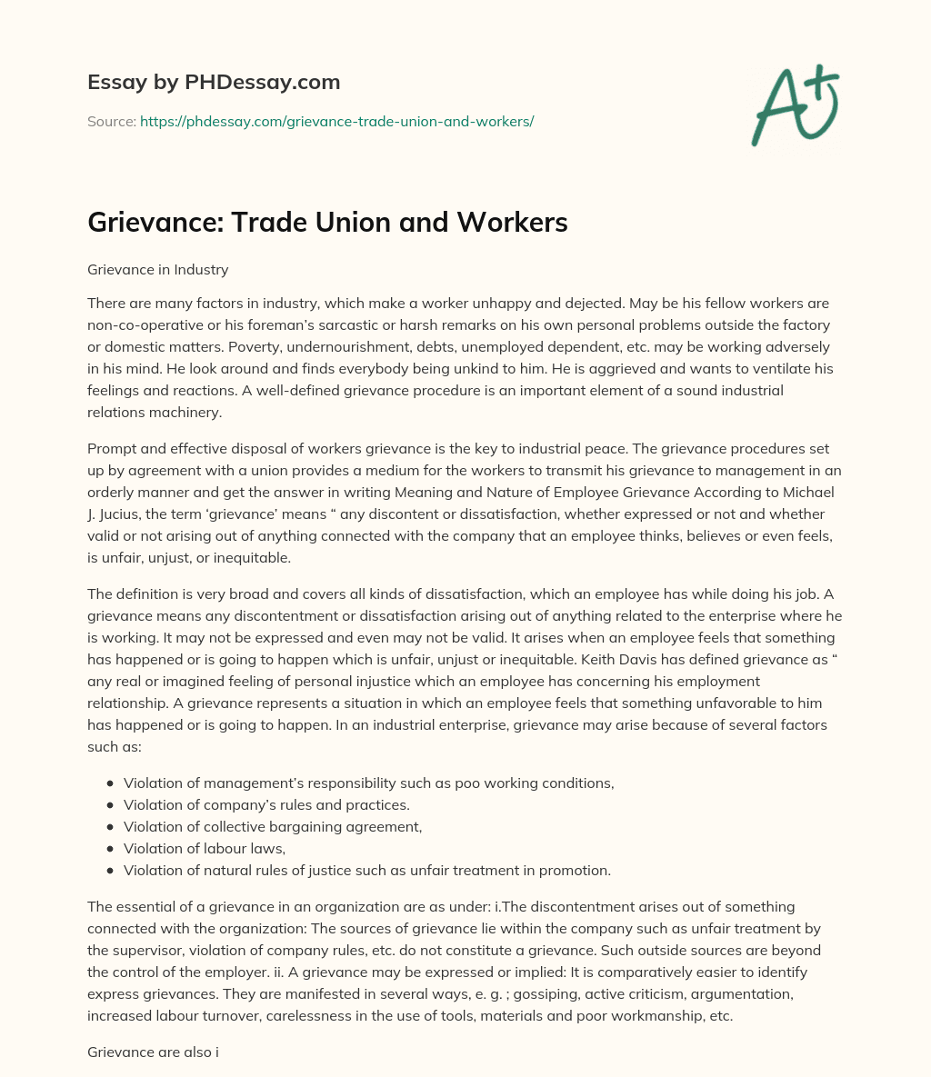 Grievance: Trade Union and Workers - PHDessay.com