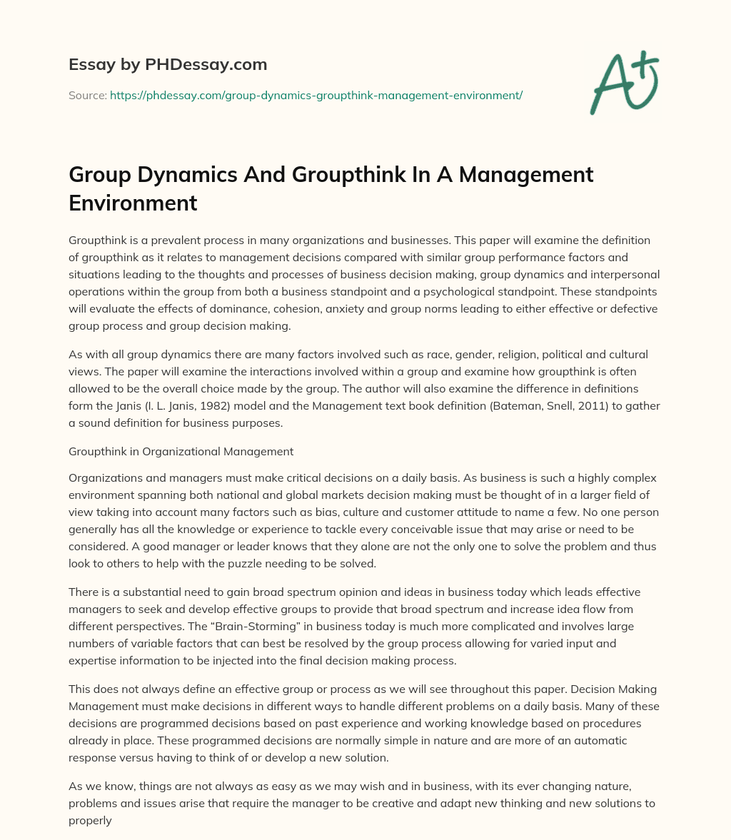 Group Dynamics And Groupthink In A Management Environment - PHDessay.com