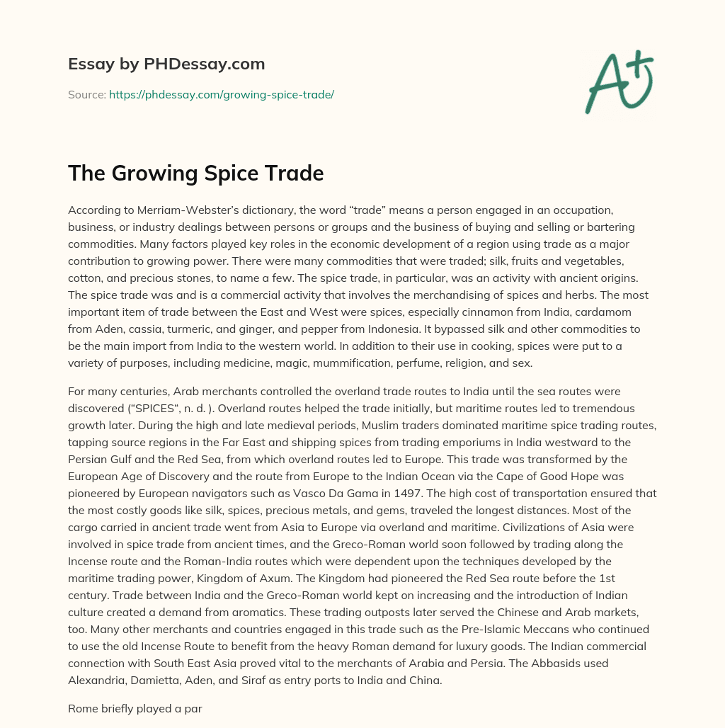 The Growing Spice Trade Definition Example - PHDessay.com