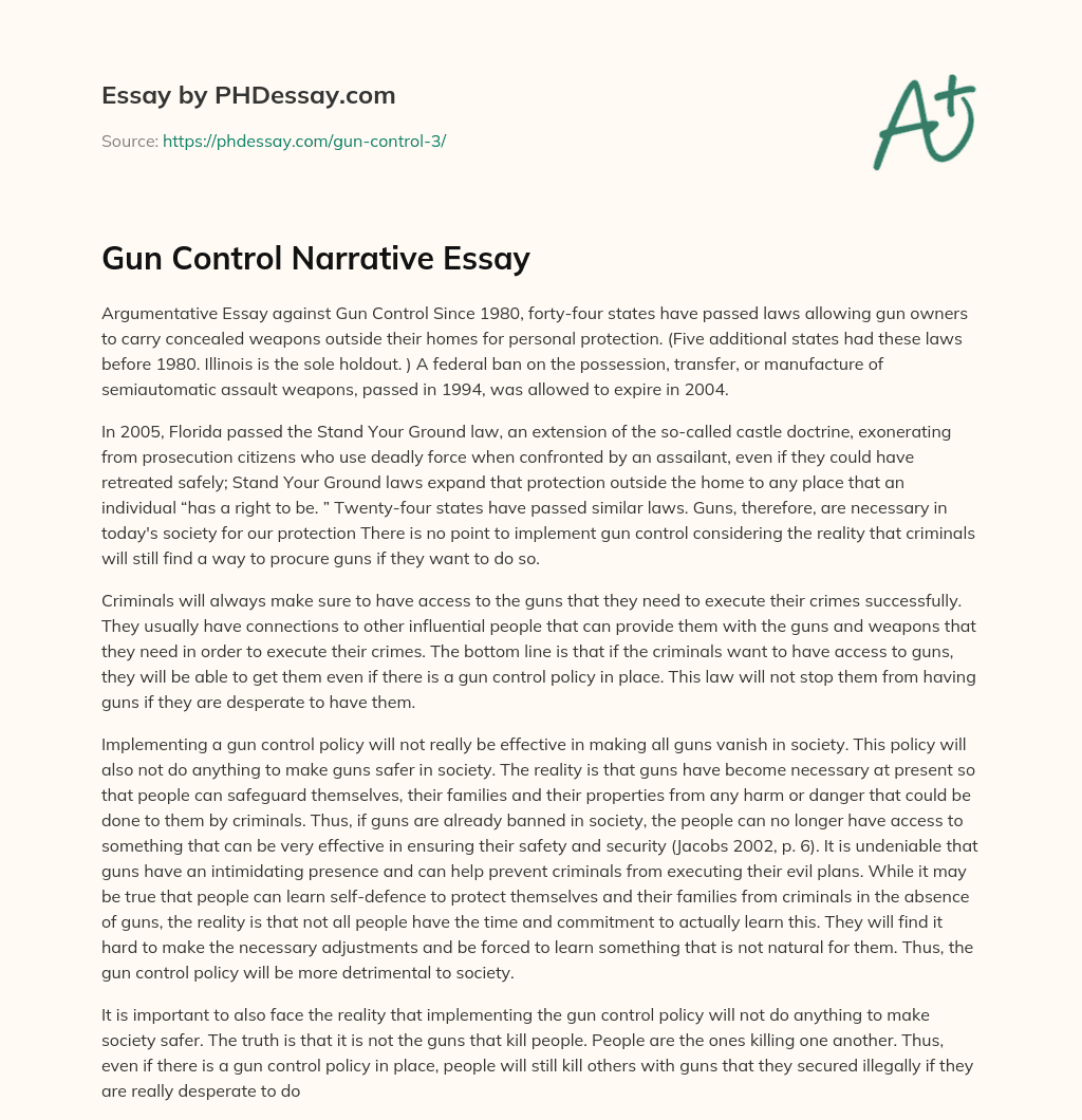 Gun Control Narrative Essay - PHDessay.com