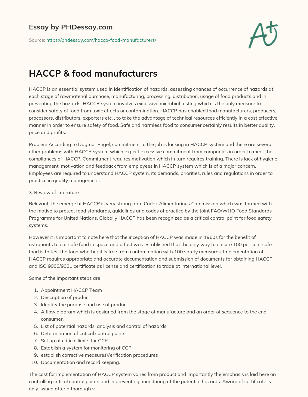 HACCP & food manufacturers - PHDessay.com