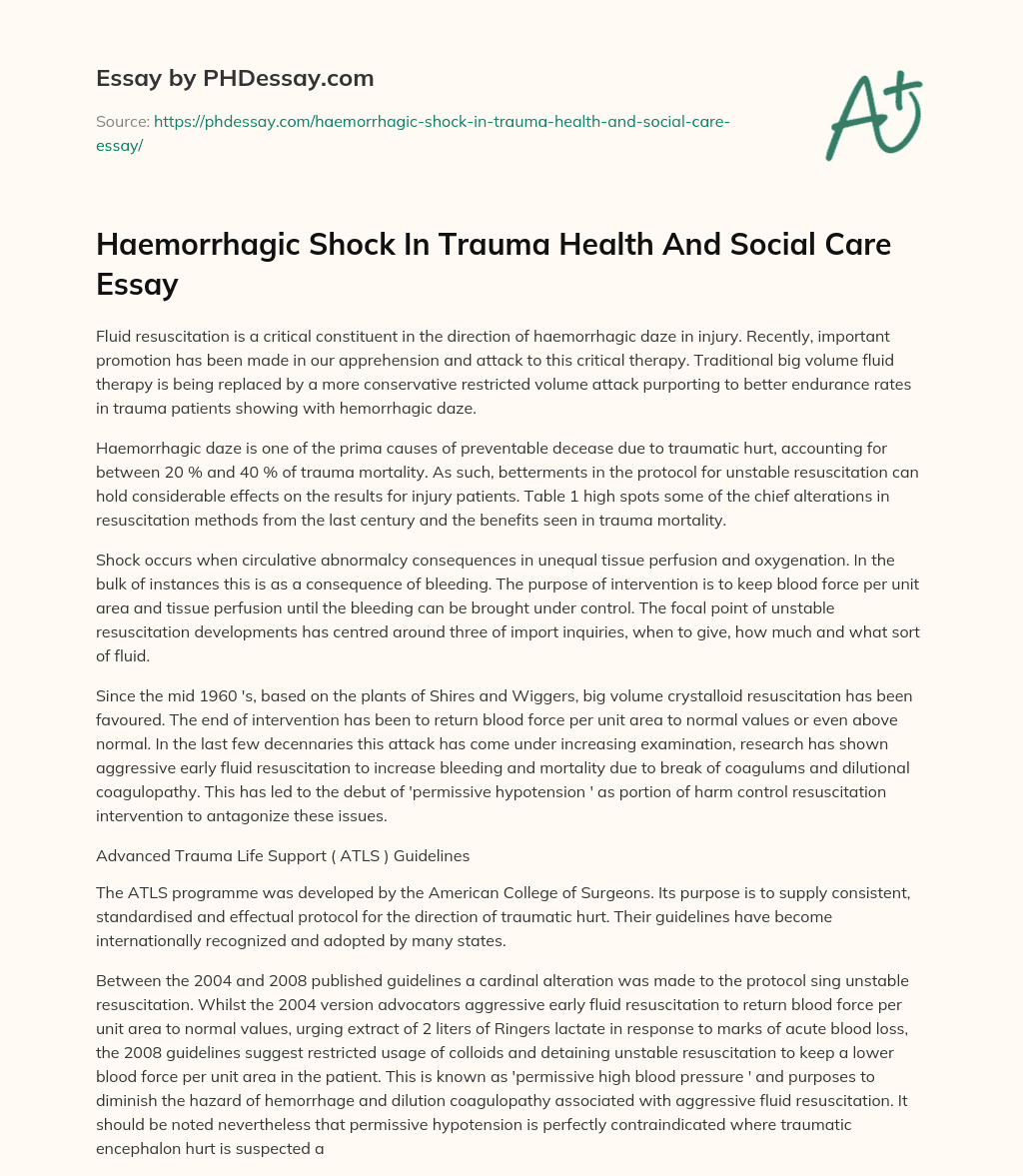 Haemorrhagic Shock In Trauma Health And Social Care Essay - PHDessay.com