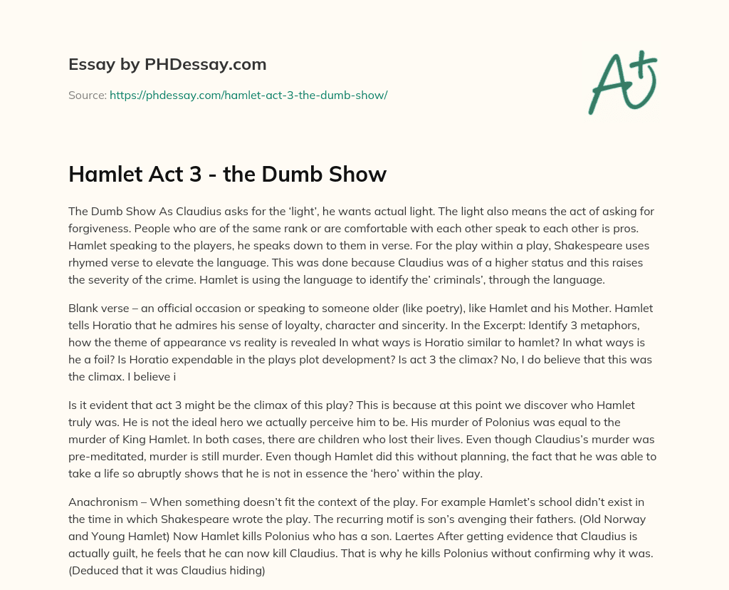 Hamlet Act 3 - the Dumb Show (400 Words) - PHDessay.com