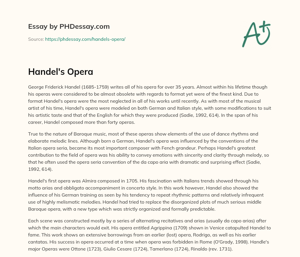 Handel's Opera (400 Words) - PHDessay.com