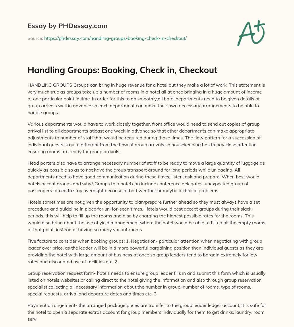 Handling Groups: Booking, Check in, Checkout - PHDessay.com
