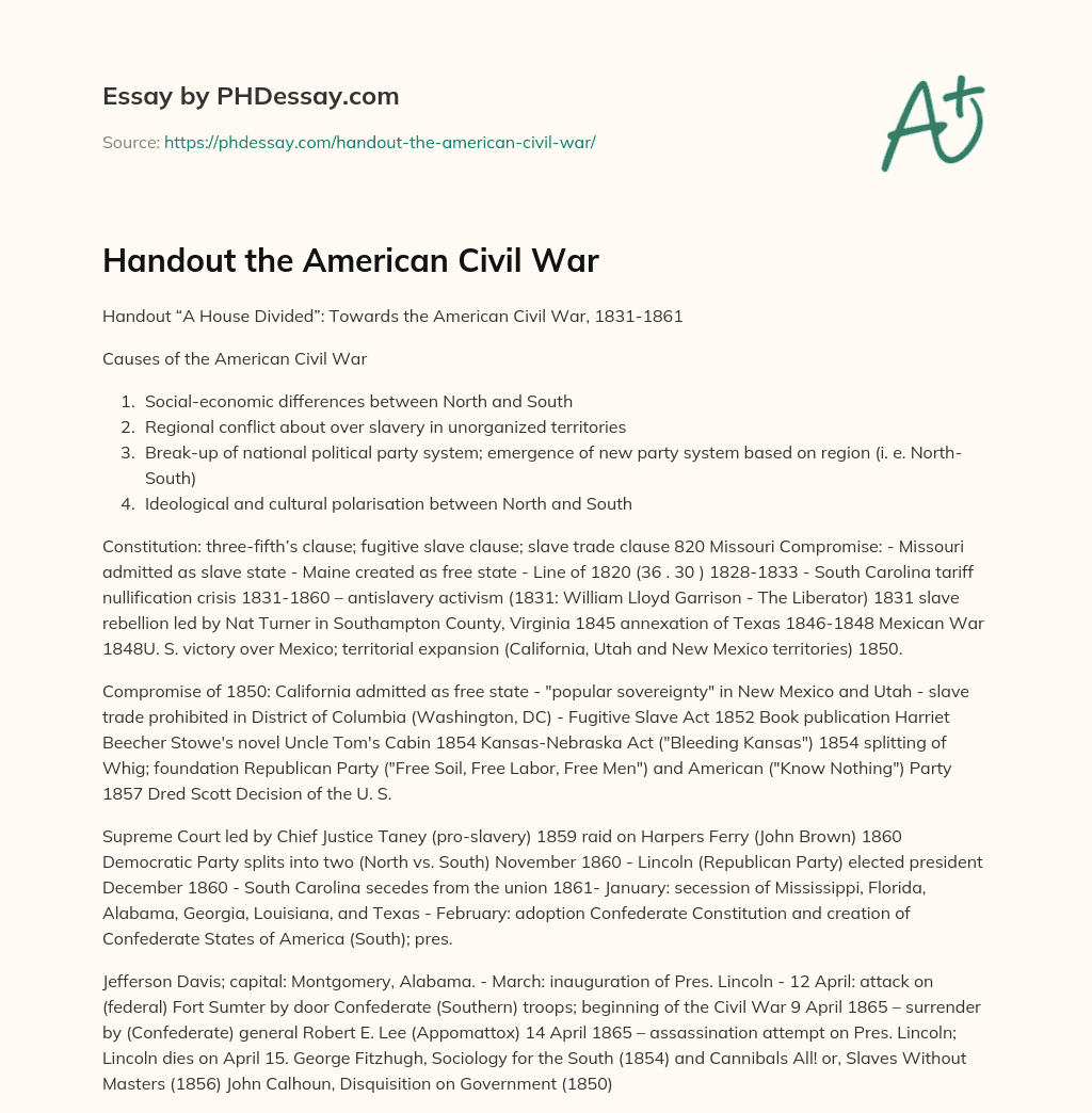 Handout the American Civil War (400 Words) - PHDessay.com